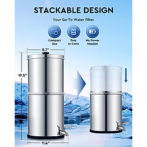 CO-Z Gravity-Fed Water Filter System, 2.25 Gallons Countertop Water Filtration System, 304 Stainless Steel Gravity Water Purifier with 2 Carbon Filters & Water Spigot, NSF/ANSI 42 Certification