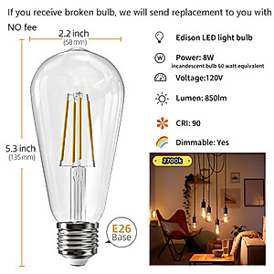 LED Edison Bulb E26 60 watt Light Bulbs Equivalent Dimmable 8W LED Bulb 2700K Warm White 800 Lumen Vintage LED Filament Bulbs Replacement Bulb for Kitchen Light Vanity Light Room Light, 6 Pack