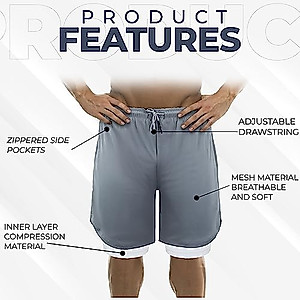 Panther Sports Apparel Men's Athletic Shorts for Gym, Workout, Running, Fitness, with Compression Liner, Lightweight, Quick-Dry, Zipper Pockets, 7-inch Inseam, Dark Grey, XL