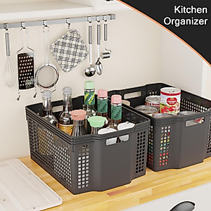 Waikhomes 6 Pack Large Stackable Basket, Plastic Woven Basket Organizer, Black