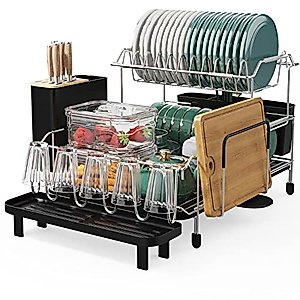 GOFLAME Dish Drying Rack with Drainboard, 2-Tier Detachable Dish Rack with 360°Swivel Spout, Utensil Holder, Cup Holder, Large Capacity Dish Drainer Set for Kitchen Counter