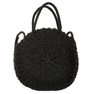 Women Straw Crossbody Bag Weave Shoulder Bags Round Summer Beach Purse Handbags (Black) One Size