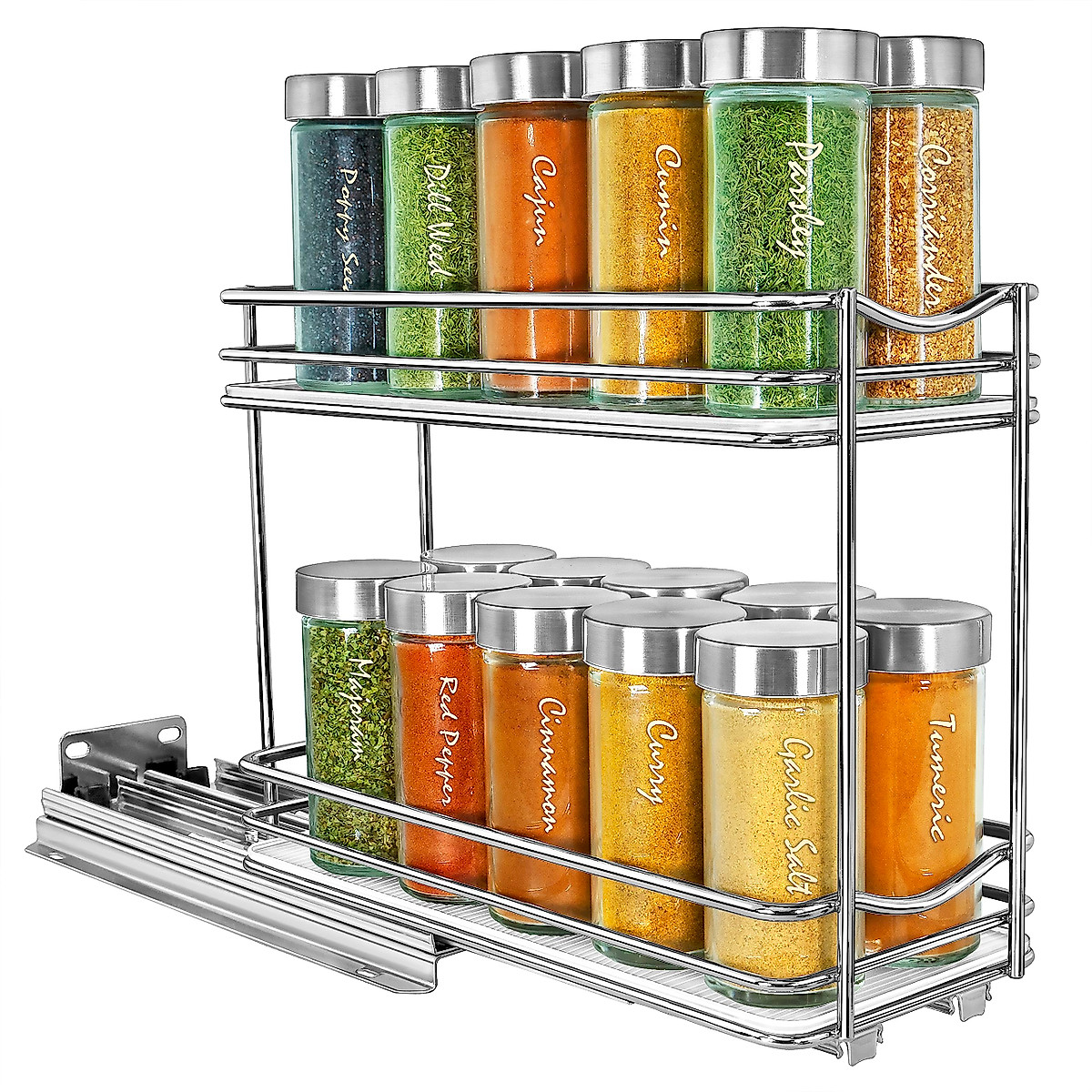 Lynk Professional® Pull Out Spice Rack Organizer for Cabinet - Slide Out Vertical Spice Rack - 4-1/4 inch Wide Sliding Spice Organizer Shelf - Double, Chrome