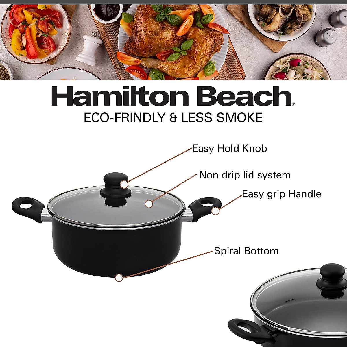 Hamilton Beach Nonstick Covered Dutch oven 3-Qt - Black Aluminum Dutch oven with Soft Touch Bakelite Handle & Glass Lid - Flared Edge - Spiral Bottom, Multipurpose Use - Durable & Dishwasher Safe