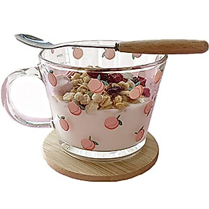 yaocoral 12 OZ Kawaii Mug Peach Glass Cup with Measurements,Glass Coffee Mug Cup with Handle for Coffee,Latte,Juice,Milk,Yogurt,Dessert,Tea,Breakfast Oatmeal Cup(clear 2)