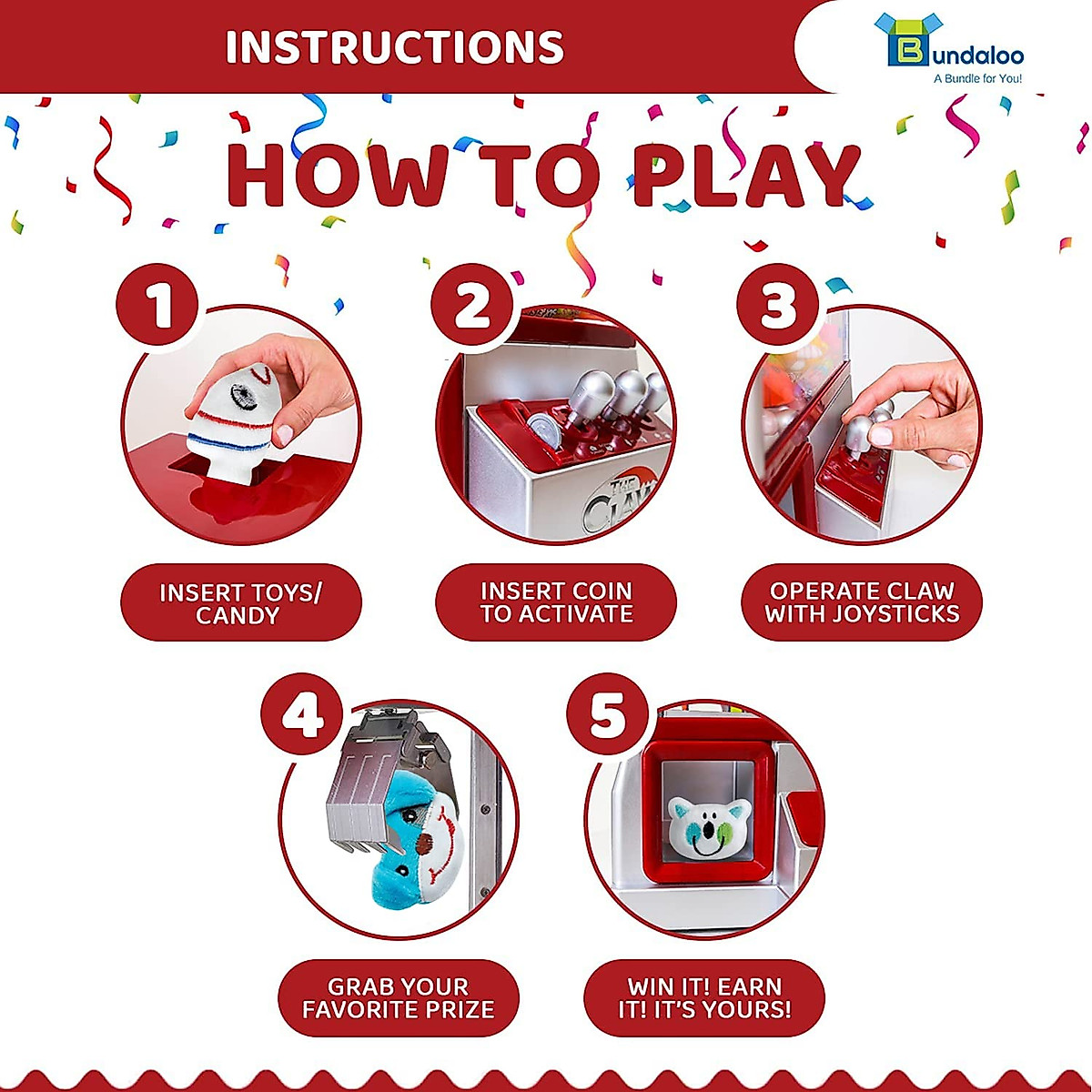 Bundaloo Claw Machine Arcade Game - Electronic Mini Candy and Toy Grabber Dispenser for Kids - with Lights Sound & 4 Mini Plush Animals (Red)
