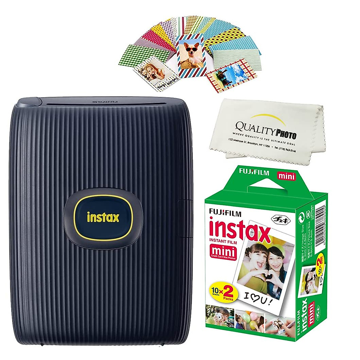 Fujifilm Instax Mini Link 2 Smartphone Printer Plus Instax Mini Films 20 Pack. Plus Stickers. Bonus All-Purpose Microfiber Cloth (Space Blue)…