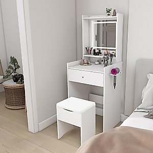Hestiasko Small Vanity Desk with Mirror and Lights, 3 Lighting Modes Small Vanity with Chair and Outlet, Vanity Set for Bedroom, Vanity Small Place with Drawer Organizer Set, White