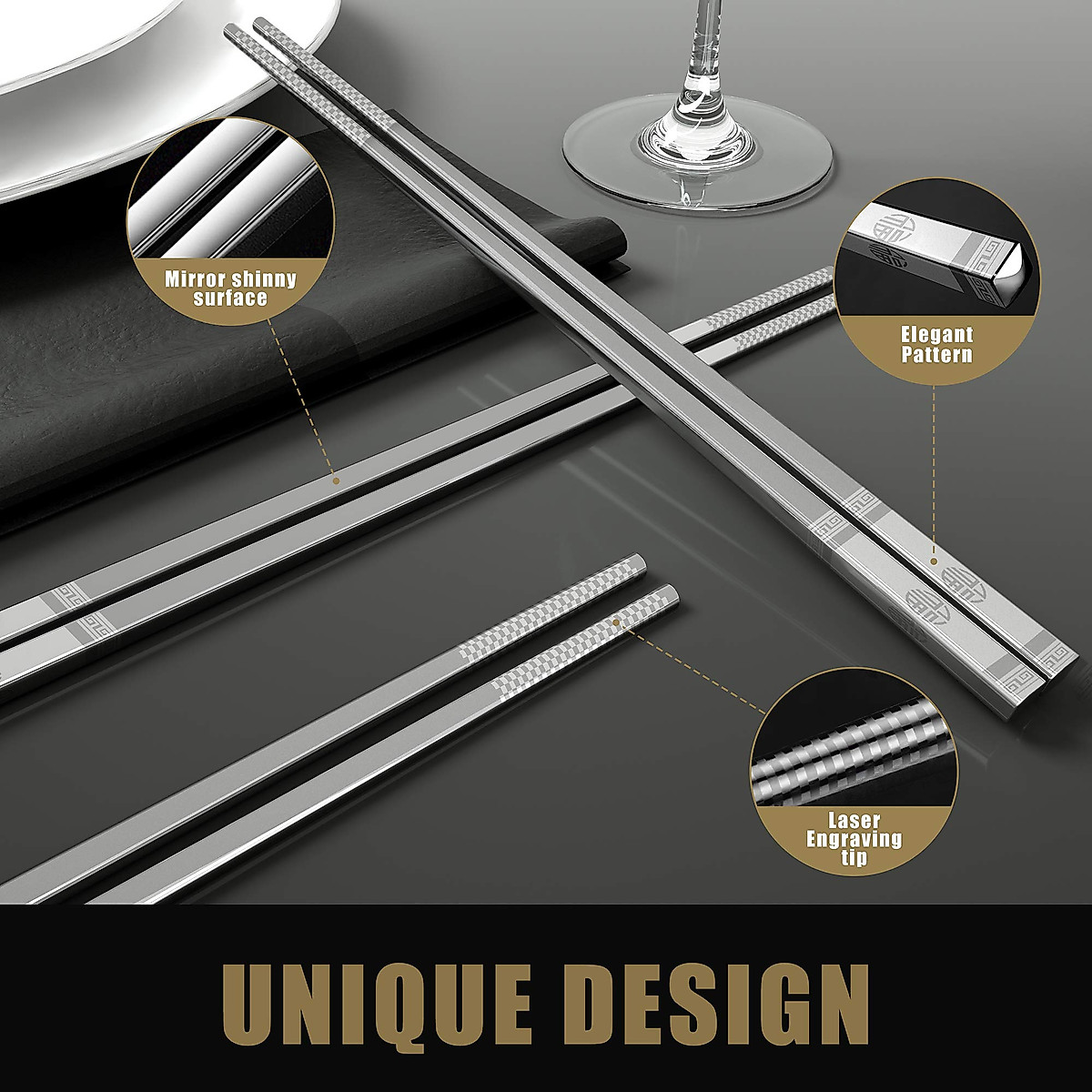 Metal Chopsticks 304 Stainless Steel Chopsticks Reusable Dishwasher Safe Square Japanese Chinese Korean Chop sticks for Cooking Eating with Travel Carrying Cotton Bag Gift Set, 9 1/2 Inches (2 Pairs)