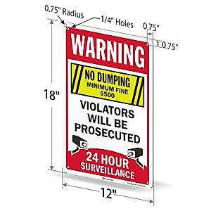 SmartSign 18" x 12" 'Warning - No Dumping, Minimum Fine USD 500, Violators Prosecuted, 24 Hour Surveillance' Metal Sign, 63 mil Aluminum, 3M Laminated Engineer Grade Reflective, USA-Made