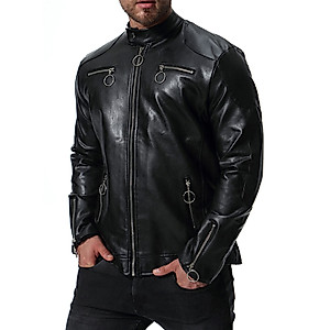 Maiyifu-GJ Men's Casual Faux Leather Jacket Stand Collar Retro Motorcycle Jacket Long Sleeve Zip Up Coat with Zipper Pockets (Black,Large)
