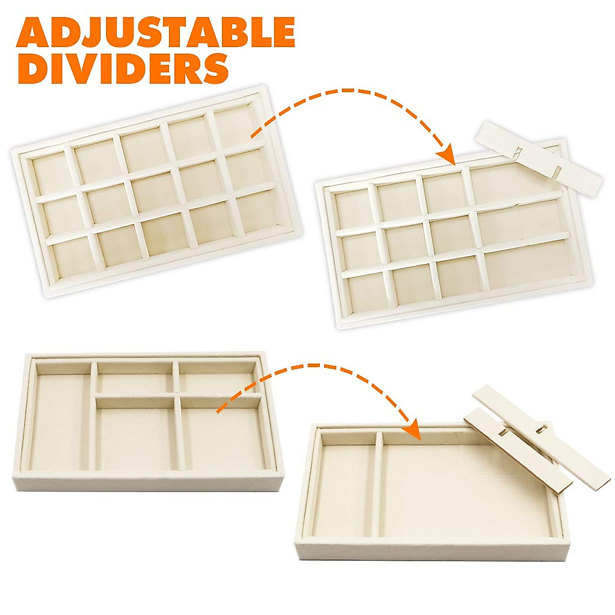 MINGRI Jewelry Organizer Trays,Earring Holder Tray Stackable Velvet Drawer Organizer Tray for Necklace,Ring,Bracelet Brooch Watch,Jewelry Storage Display Case Insert for Women Girls Set of 4 (Beige)