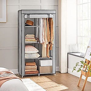SONGMICS Portable Closet, Clothes Storage Organizer with 6 Shelves, 1 Clothes Hanging Rail, Non-Woven Fabric Closet, Metal Frame, Herringbone Pattern, 34.6 x 17.7 x 66.1 Inches, Grey URYG084G22