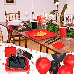 120 Pieces Red and Black Paper Plates and Napkins Party Decorations Supplies Square Red and Black Dinnerware Paper Plates Cups and Utensils Set for 2023 Congrats Grad Wedding Birthday Parities