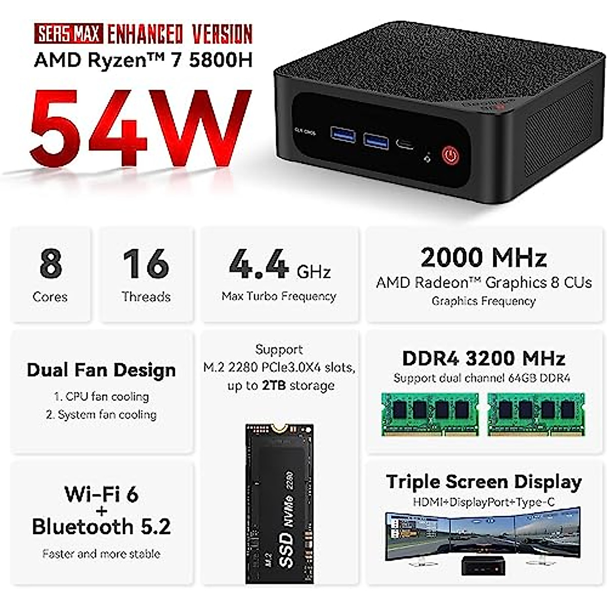 Beelink Mini PC SER5 MAX 5800H, AMD Ryzen 7 5800H(Up to 4.4GHz), TDP 54W Mini Desktop Computers, 16GB RAM 500GB M.2 PCIe3.0 SSD, Support Triple Display(HDMI, DP, TypeC)/WiFi 6/BT5.2/USB3.2/1000M LAN