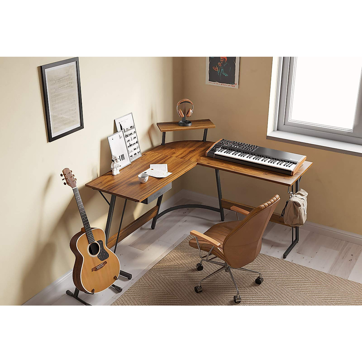 CubiCubi L Shaped Desk, Computer Corner Gaming Desk with Large Monitor Stand, 51.2" Home Office Writing Table, Workstation with Storage Drawer, Space-Saving, Walnut