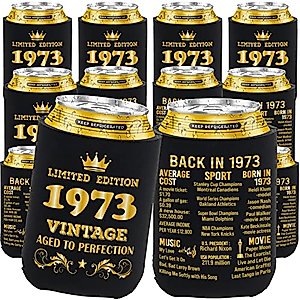 BackURyear 50th Birthday Decorations for Women men, 50 Years Old Birthday Decor, Fifty Birthday Party Supplies, 50th Birthday Party Beverage Can Cooler Sleeves, Black & Gold (12 Pcs)
