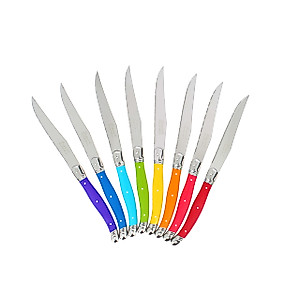 French Home Laguiole 8-Piece Steak Knife Set – Sophisticated Stainless Steel Dinner Knives with Rainbow Handles & Iconic Bee Emblem – Serrated Knives for Smooth Cutting (9.25")