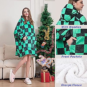 ARTHMOM Comfy Wearable Blanket Hoodie for Women Men Adult, Oversized Sherpa Fuzzy Fleece Sweatershirt Blanket with Giant hood and Pocket, One Size Fits All (Plaid-Green)