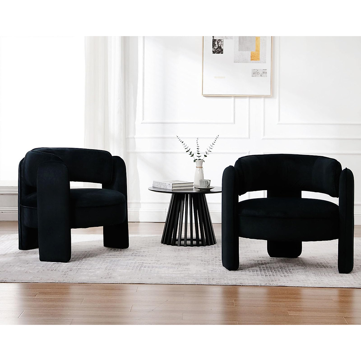 HNY Mid Century Modern Velvet Barrel Accent Chairs Set of 2 Clearance, Comfy Round Upholstered Armchairs with Open Back, Side Club Lounge Arm Chairs for Living Room, Bedroom, Small Spaces, Black