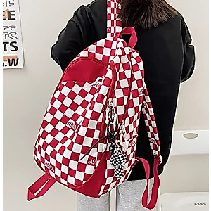 Cute Backpack Comes with Checkered Pendants for free Klein Blue Plaid Kawaii Teen (Red)