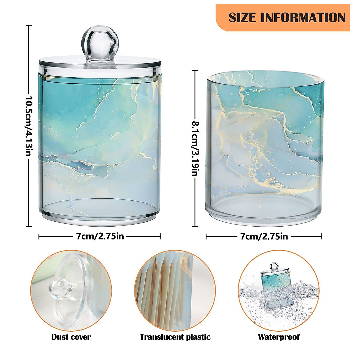 Turquoise Gold Splash Marble Qtip Dispenser Apothecary Jars Bathroom Qtip Holder Storage Canister Plastic Jar 10 Oz for Cotton Ball Swab Round Pads Floss 2pcs