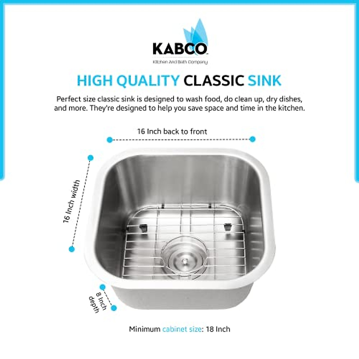 KABCO 16 Inch Square Single Bowl Stainless Steel Classic Kitchen Sink with Kitchen Sink Strainer, Garbage Basket and Sink Grid, 18 Gauge Undermount Rust Resistant Sound and Heatproof Swirl Finish Sink