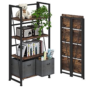 4NM No-Assembly Folding Bookshelf Storage Shelves 4 Tiers Vintage Bookcase Standing Racks Study Organizer Home Office (Rustic Brown and Black)