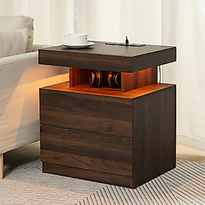 HOMMPA Rustic Nightstand with Wireless Charging Station LED Bedside Table with 2 Drawers End Table with Open Shelf Smart Nightstand USB Night Stand with Led Light for Bedroom Dark Walnut Wood
