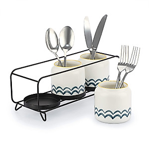 JUXYES Set of 3 Ceramic Flatware Holder for Countertop, Desktop Silverware Organizer Utensil Holder With Black Metal Rack, Flatware Caddy Cutlery Holder Silverware Organizer for Kitchen Dining Tables