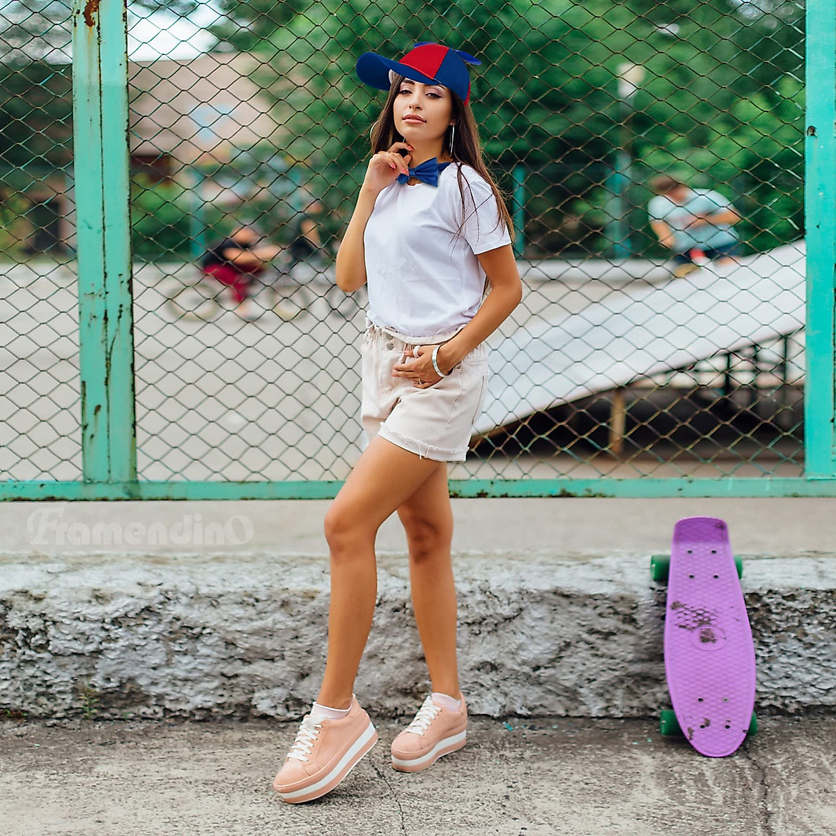 Framendino, Rainbow Propeller Hat Detachable Helicopter Top Cap Blue Brim Baseball Hats with Adjustable Blue Bow Tie for Adult Costumes