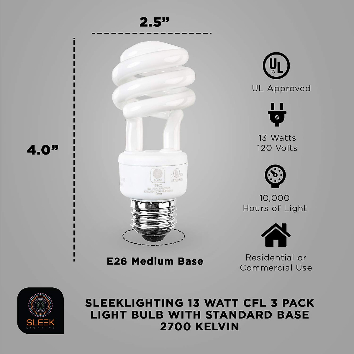 SLEEKLIGHTING Spiral light bulb - E26 base CFL bulb - CFL Light Bulbs 13 Watt- 3 Pack, 2700 Kelvin for Warm White and 800 Lumens - (65 Watt Incandescent Light Bulb Equivalent) - UL Listed