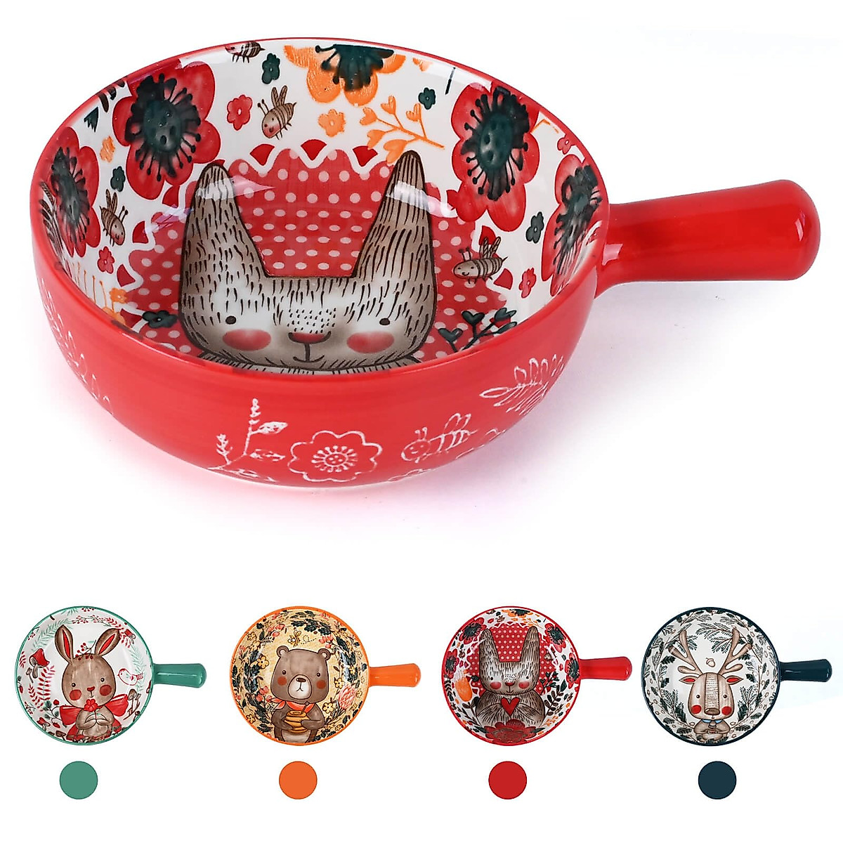 AzjioLi Soup Bowls with Handles - 20oz French Onion Soup Bowls,Soup Crocks Oven Safe,Ceramic Soup Bowls for Salad Pasta Cereal,Cute Cartoon Bowls Microwave Safe(Red Rabbit)