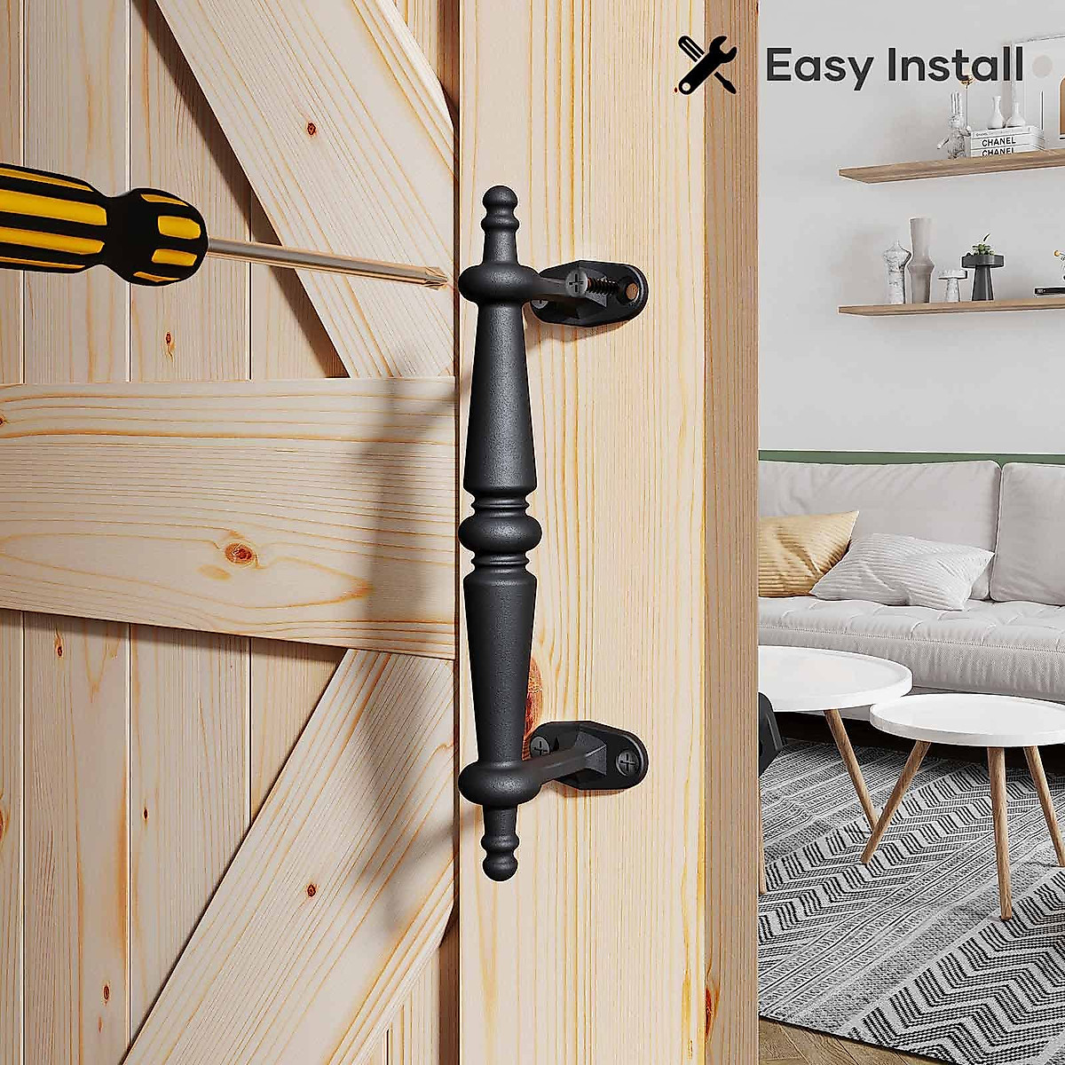 EaseLife 9" Barn Door Pull Handle, Rustic Black Cast Iron Grab, Gate Handles, Easy Install, 2 Pack