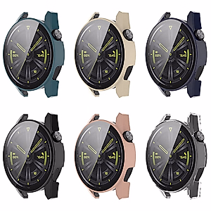 AISPORTS 2 Pack Bumper Case Compatible for Huawei Watch GT 3 46mm Screen Protector, Hard PC Case HD Clear Tempered Glass Film Anti-Scratch Full Coverage Protective Case Cover for Huawei Watch GT3 46mm