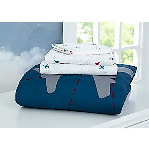 Delta Children 4 Piece Toddler Bedding Set for Boys - Reversible 2-in-1 Comforter - Includes Fitted Comforter to Keep Little Ones Snug, Bottom Sheet, Top Sheet, Pillow Case - Airplane Flight Plan