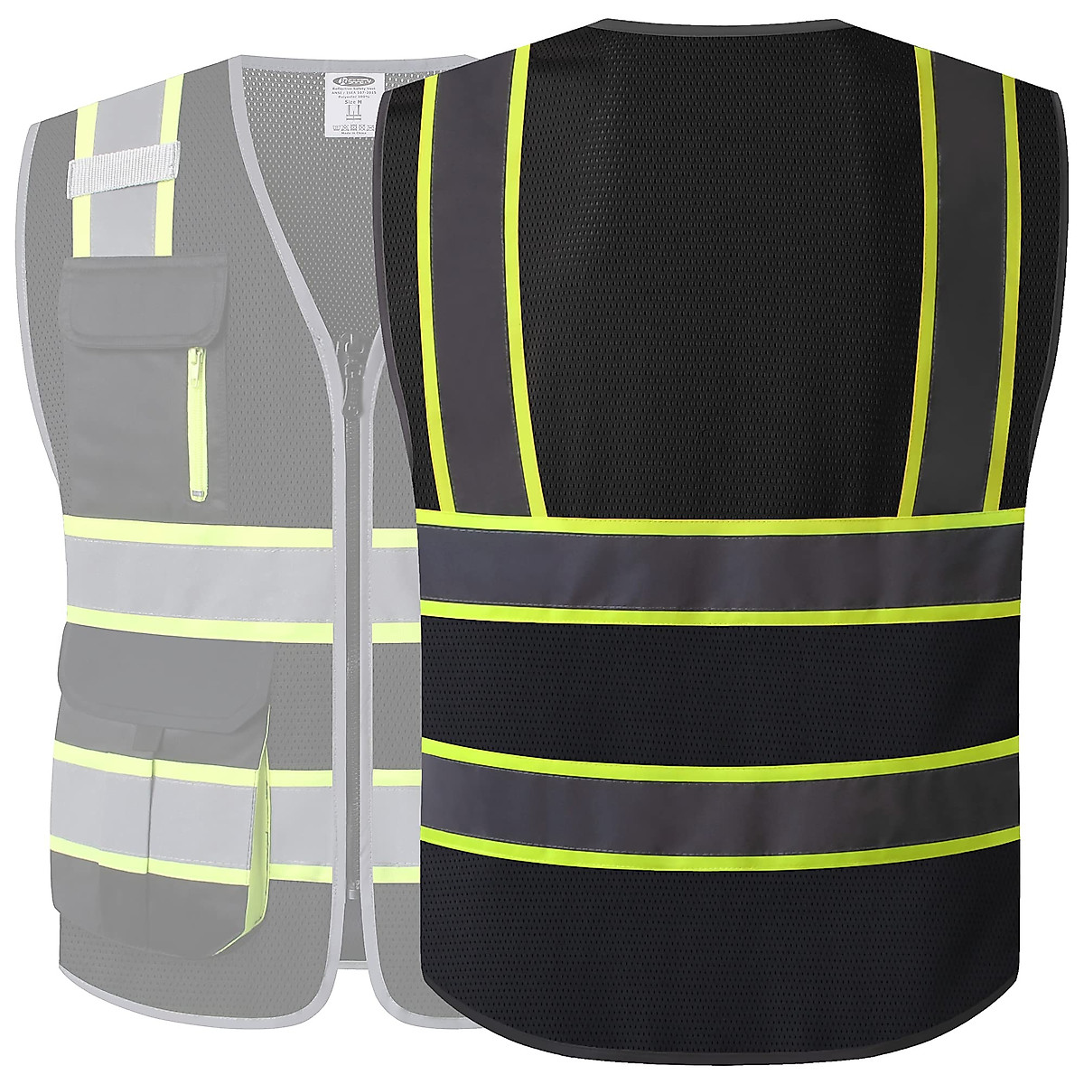 JKSafety 9 Pockets Hi-Vis Mesh Safety Vest for men and women | Chaleco reflectante de seguridad | Zipper Front | Multiple Pockets | Class 1 (140-Black XL)