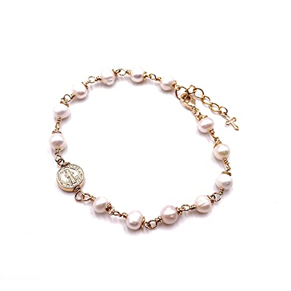 SIFRIMANIA Freshwater Cultured Pearls Catholic Image Adjustable Bracelet for Women Bride Jewerly (Saint Benedict Medal)