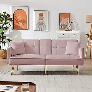 P PURLOVE Convertible Futon Sofa Bed for Living Room, Velvet Sofa Bed with Storage Pocket and 2 Pillows, Sleeper Sofa Couch with Adjustable Back for Office, Bedroom, Pink