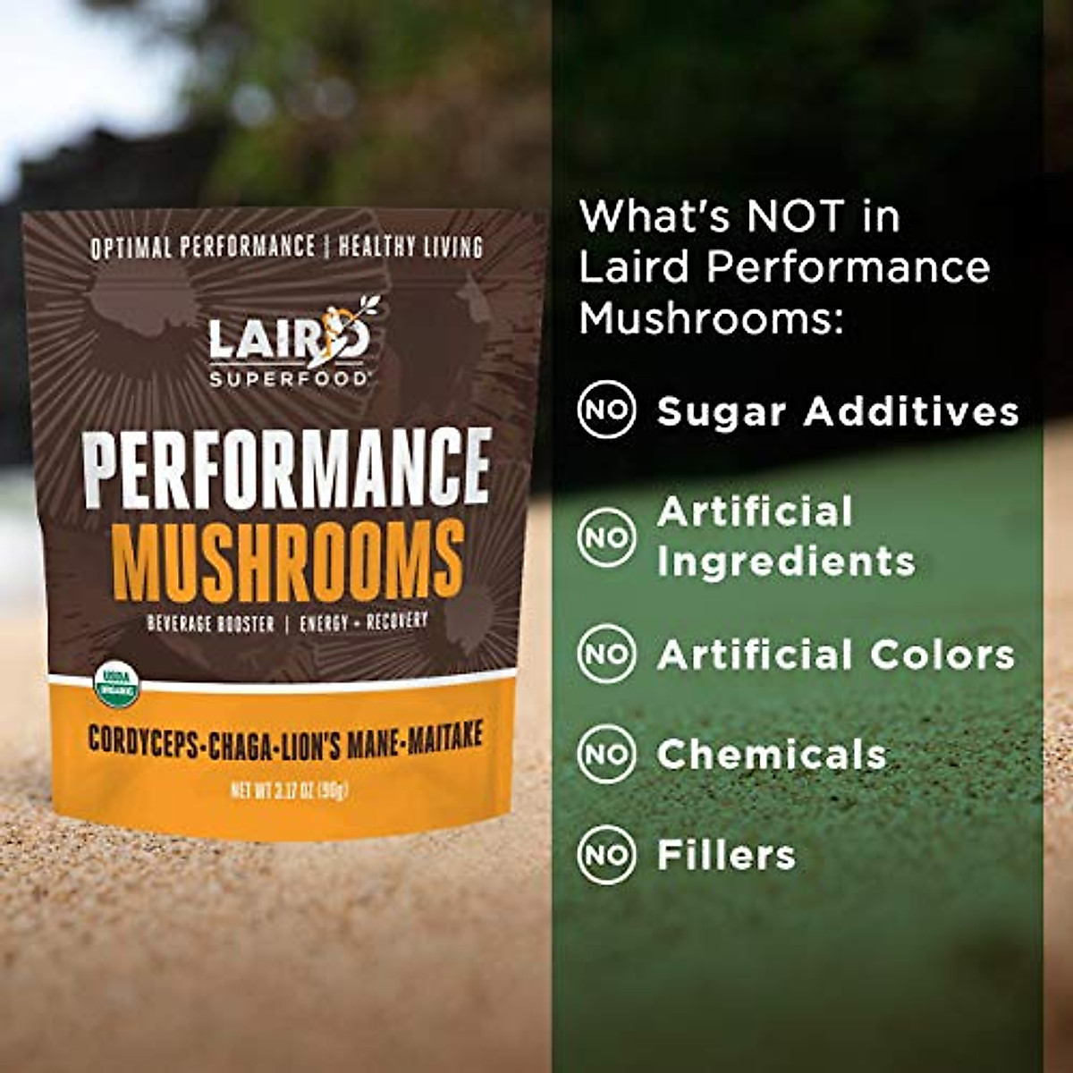 Laird Superfood Organic Performance Mushroom Blend with Chaga, Cordyceps, Lion's Mane and Maitake for Energy and Cognition, 3.17 oz. Bag, Pack of 1