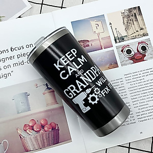 Grandpa Gifts from Grandchildren, 20 Oz Thermal Tumbler with Lid, Birthday Valentines Day Insulated Travel Coffee Mug, Funny Retirement Gift for Men Grandfather Papa - Keep Calm Grandpa Will Fix It