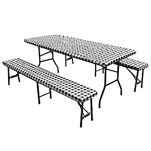 Easy-Going 100% Waterproof Picnic Outdoor Tablecloth with Bench Covers Fit 6 Foot Rectangle Table, 3-Piece Set Camping Table Cover with Seat Covers (30x72 in, Black-Checkered)