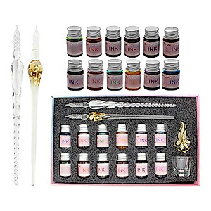 XIAOYU Glass Dip Pen Ink Set, 16 Pieces Calligraphy Pens Set - 12 Colorful Inks, Pen Holder, Cleaning Cup, 2 Crystal Glass Pens for Writing, Signature - Yellow