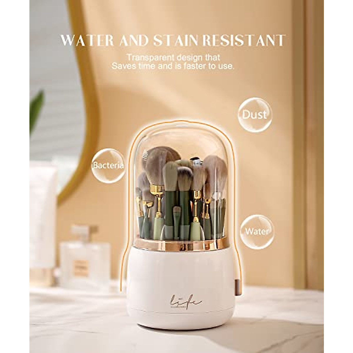 Y.duck Pink Makeup Brush Holder with Lid - 360 Rotating Makeup Organizer for Vanity - Dustproof Make Up Organizers and Storage-With Makeup Brush Cleaner Mat (White)