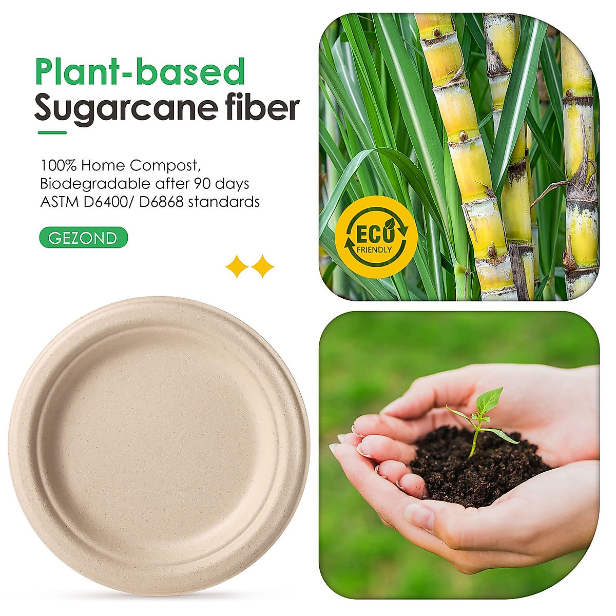 Gezond 100% Compostable Paper Plates 7 Inch, 150pcs Disposable Heavy-Duty Plates Unbleached Biodegradable Plate Made of Sugarcane Fiber