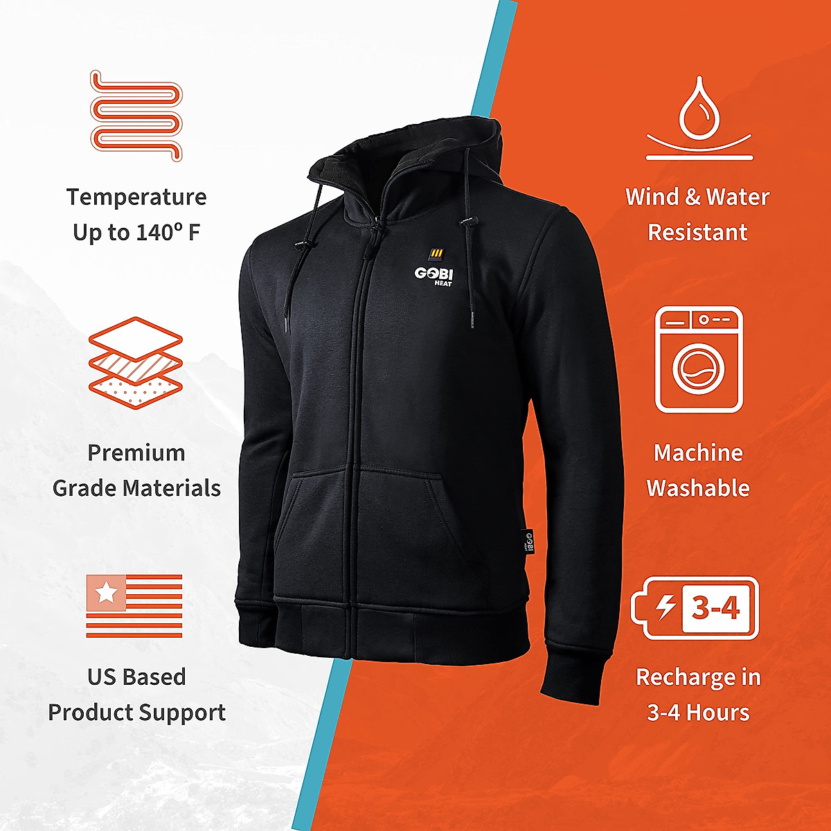 Ridge Men’s Heated Hoodie - 10 hrs of Heat | 3 Heat Zones | With Battery & Charger | Machine Washable | All Day Warmth (L)