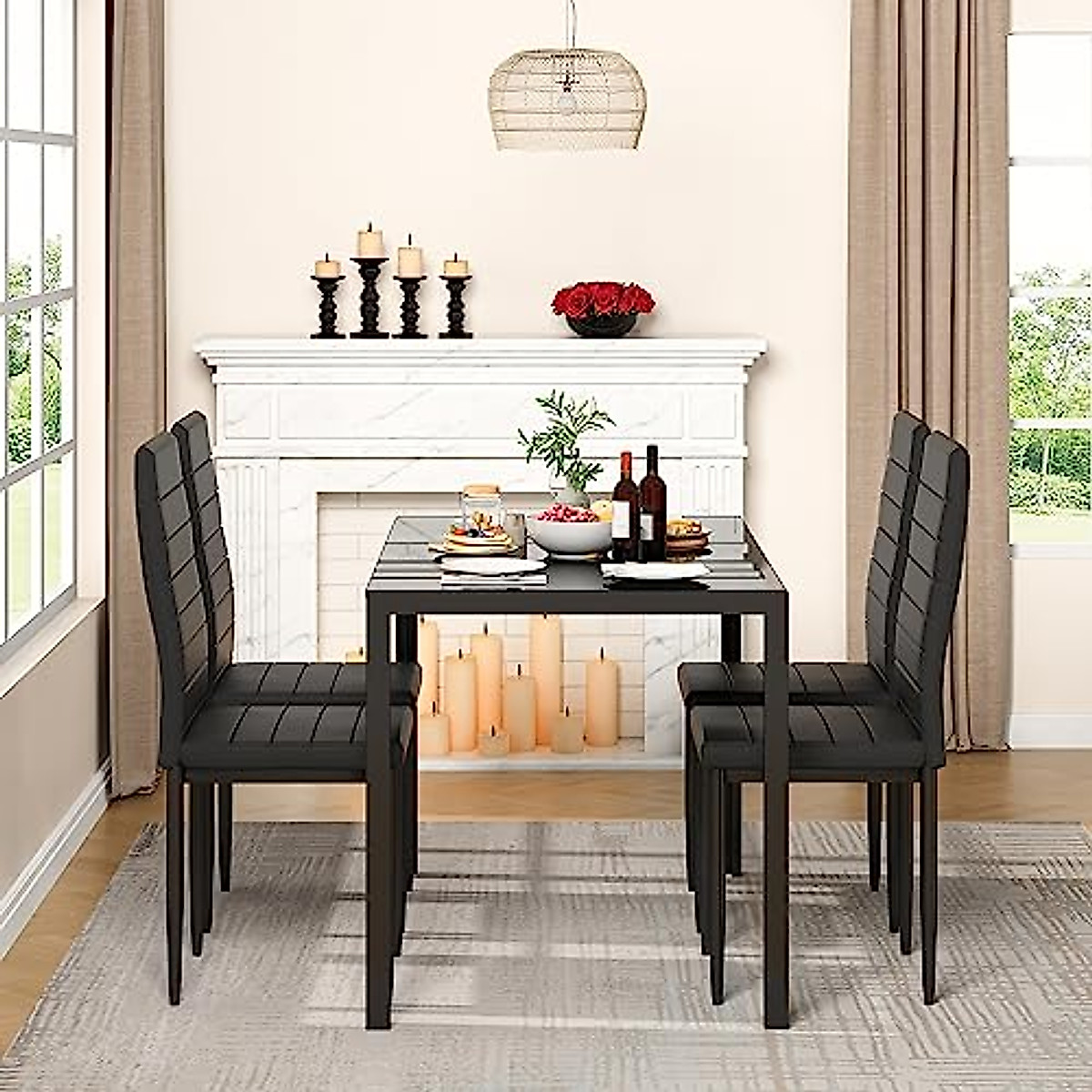 Lamerge Dining Table Set for 4, 5 Piece Kitchen Table Set with Tempered Glass Table Top and 4 Faux Leather Chairs,for Living Room,Dining Room,Kitchen,Small Space,Black (LDTS-GB)