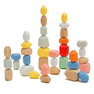 DORLETEM 36PCS Wooden Balancing Stacking Rocks Stones, Building Blocks Set, Montessori Educational Preschool Learning Sensory Toys Lightweight Sorting Wooden Blocks for Kids