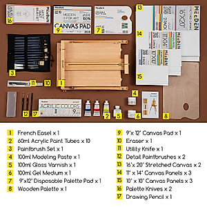 MEEDEN Art Set with French Easel for Professional Artist,Supplies Acrylic Painting(10-60ML) Kit with Paintbrushes for Adults,Pre Painter and Canvas Drawing Starter-Prime Art Series