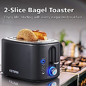 Toaster 2 Slice KETIAN Retro Bagel Toaster 1.5’’ Extra Wide Slot, 6 Toast Settings Cancel Reheat Bagel Defrost Functions, Removable Crumb Tray, 800W, Black